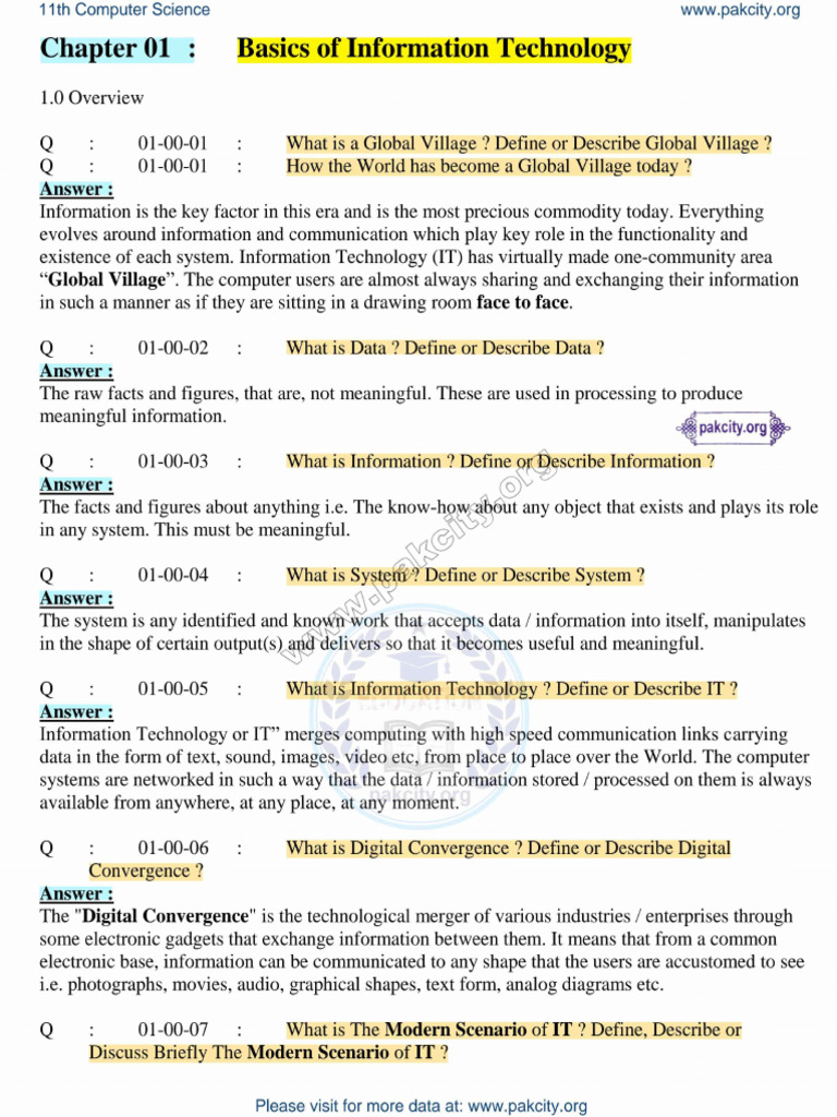 11th Computer Science Full Book Short Notes | PDF