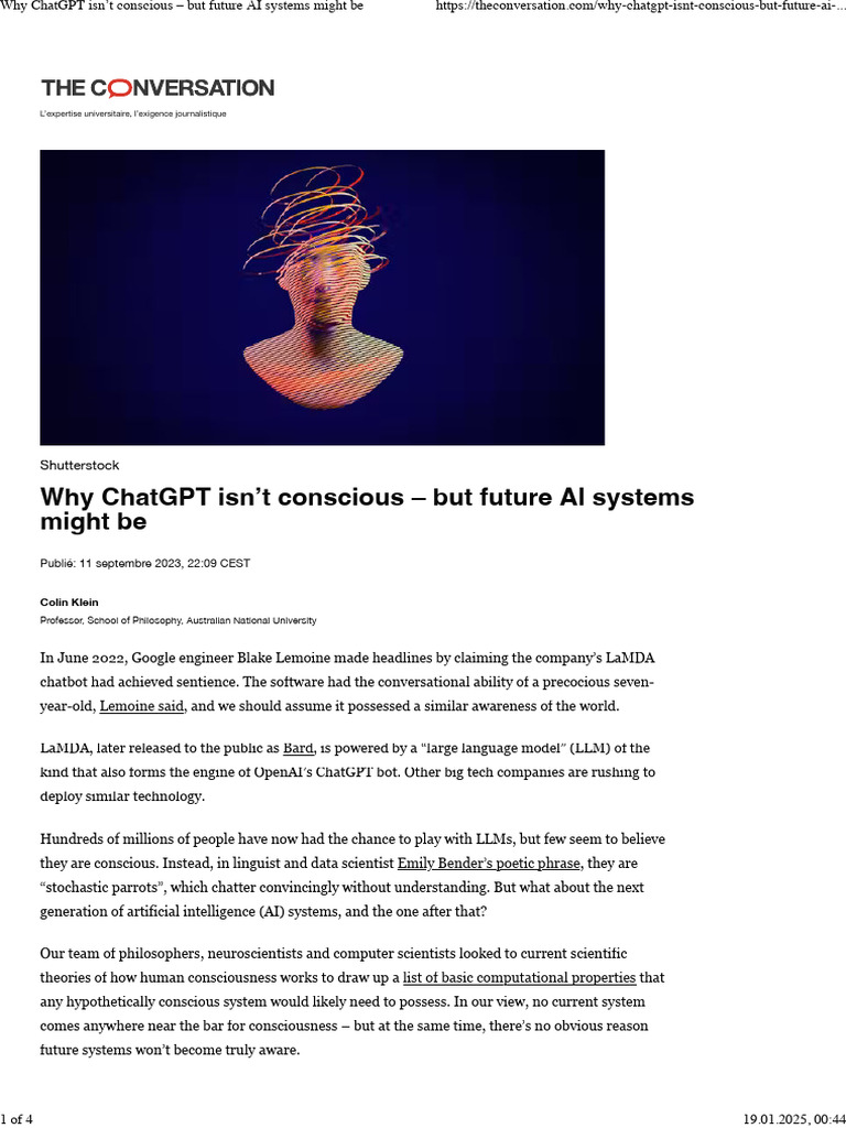 Why ChatGPT Isnt Conscious - But Future AI Systems Might Be | PDF ...