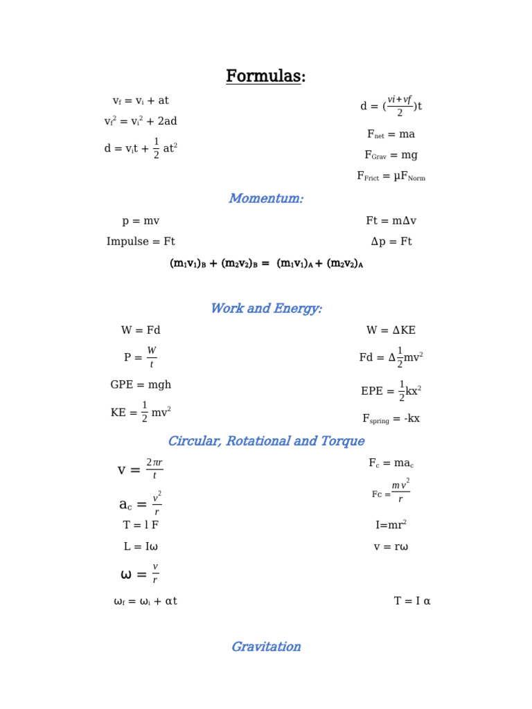 Formulas | PDF | Physics | Physical Sciences