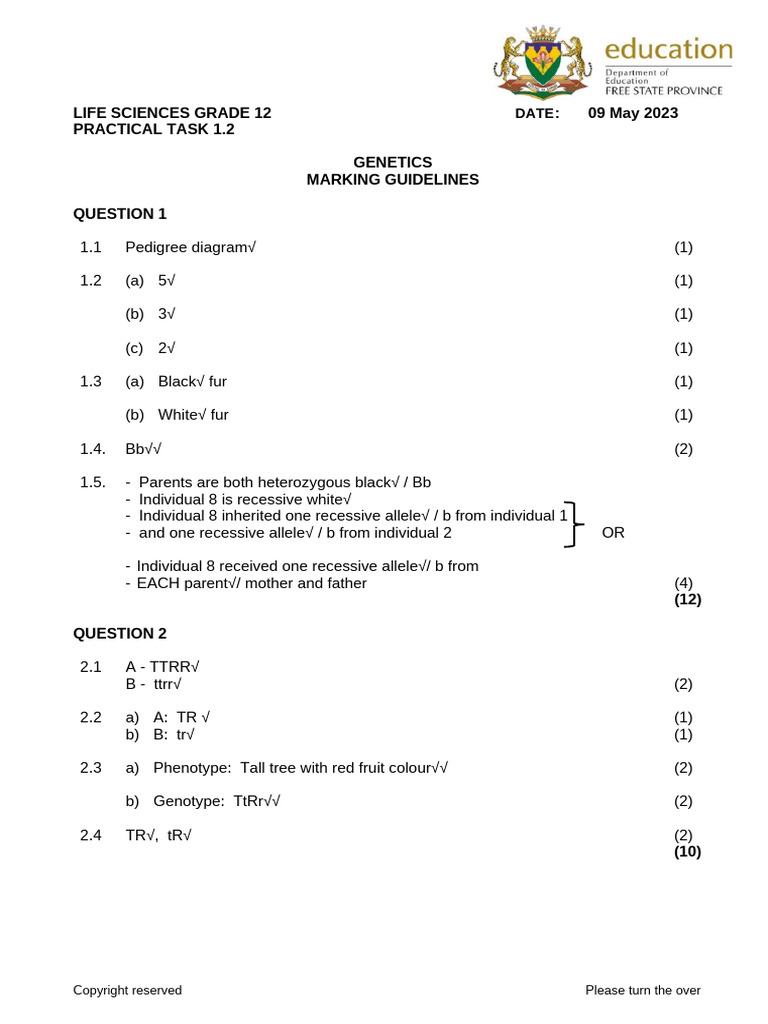 Life Sciences GR 12 Prac 1.2 May 2023 MEMO | PDF | Genotype | Dominance ...