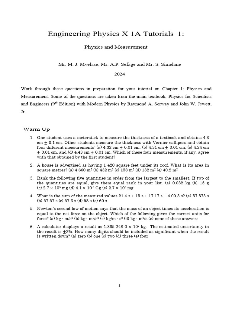 Tutorials 1 - Physics and Measurement (1) | PDF | Force | Mass