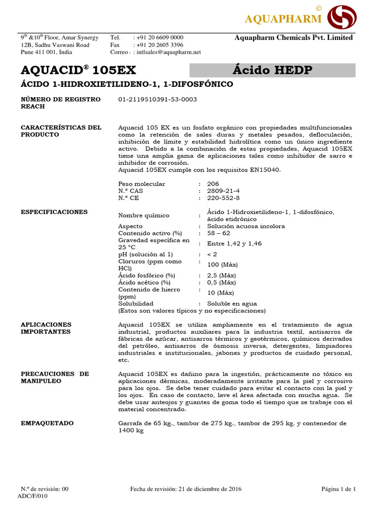 TDS Aquacid 105EX (HEDP) Español - Aquapharm | PDF | Física Aplicada e ...