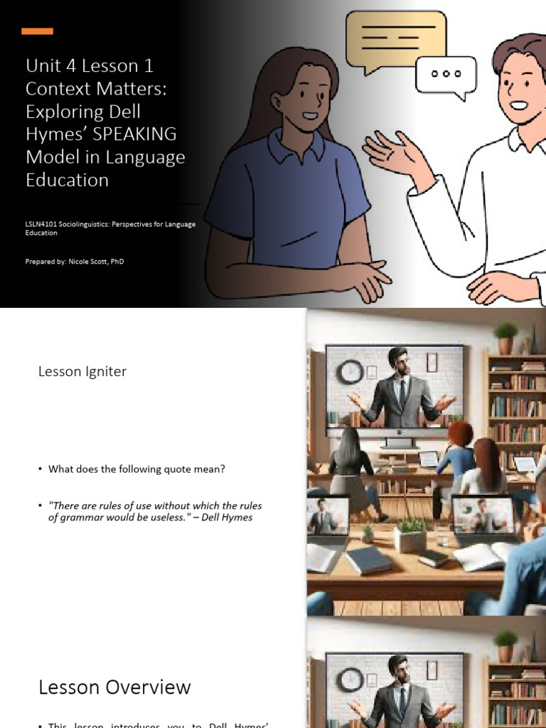 Unit 4 Lesson 1 Context Matters - Exploring Dell Hymes' SPEAKING Model ...