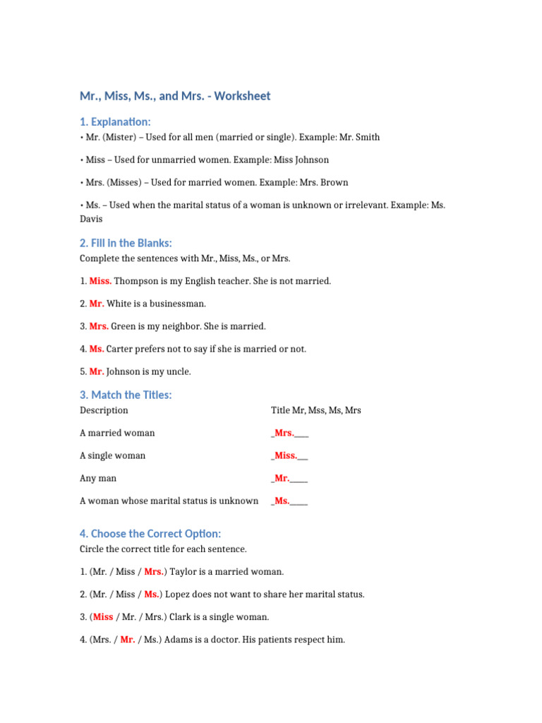 Understanding Titles: Mr., Mrs., Ms., Miss | PDF