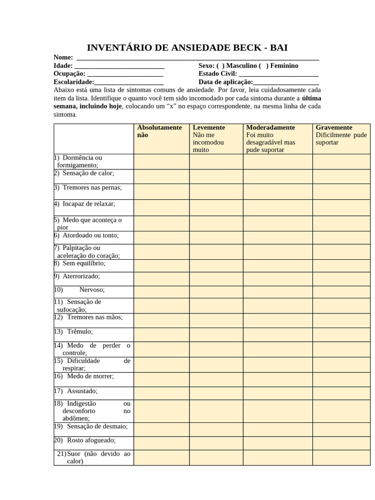Inventário de Ansiedade Beck - Bai | PDF