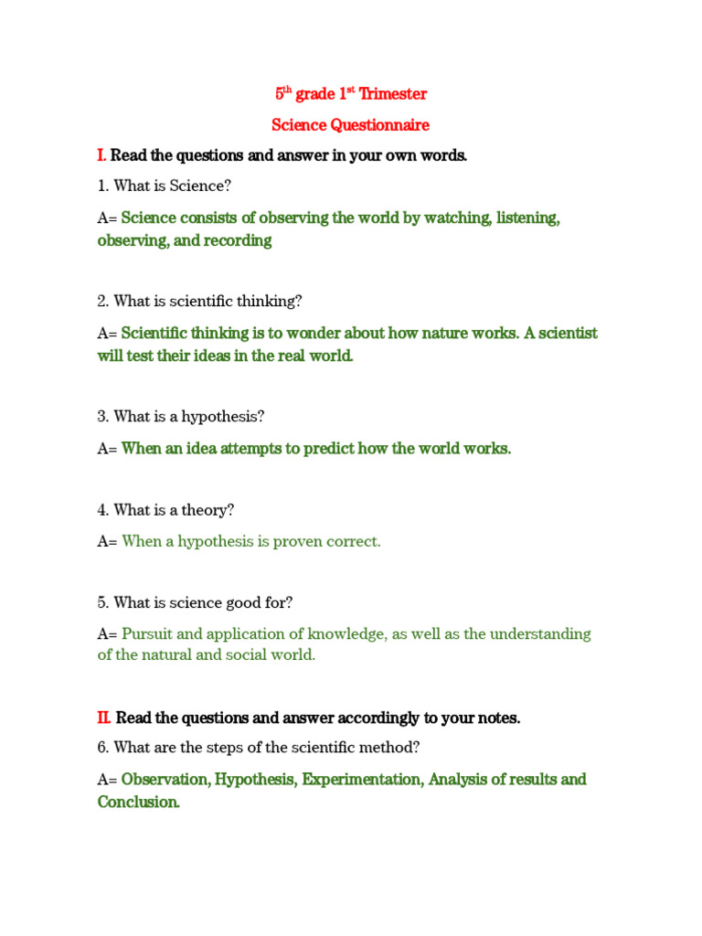 Science Questionnaire 5th TI | PDF