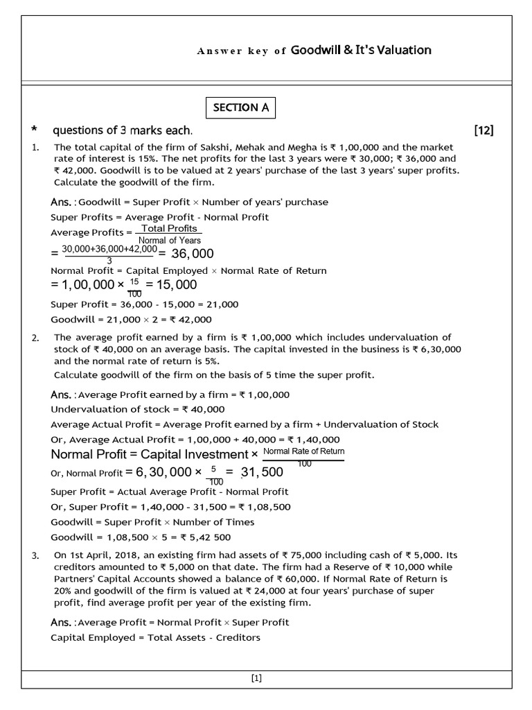 Answer Key of Goodwill & It's Valuation - Test-25-26 | PDF | Goodwill ...