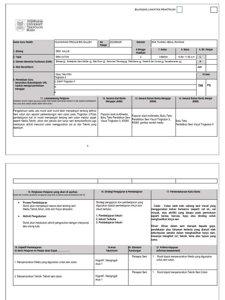LESSON PLAN CATAN FORM 3 Berlian | PDF