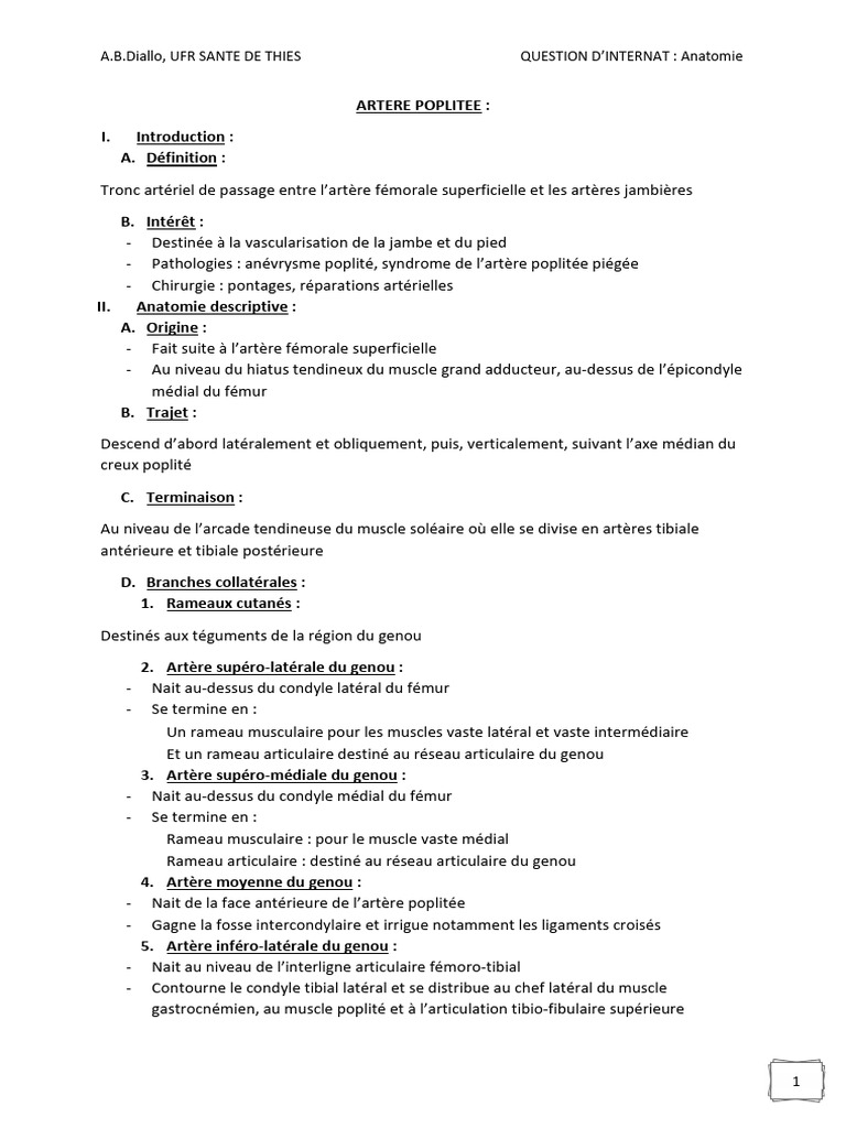 Anatomie de l'artère poplitée | PDF | Genou | Anatomie de membre inférieur