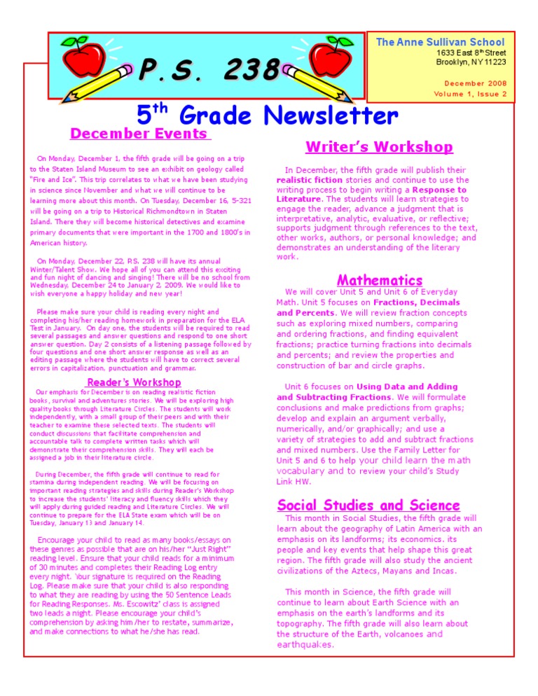 December Newsletter for 5th Grade | PDF | Reading Comprehension | Learning