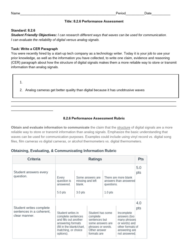 Revised 8.2.6 Performance Assessment W Rubric | PDF | Information | Cognition