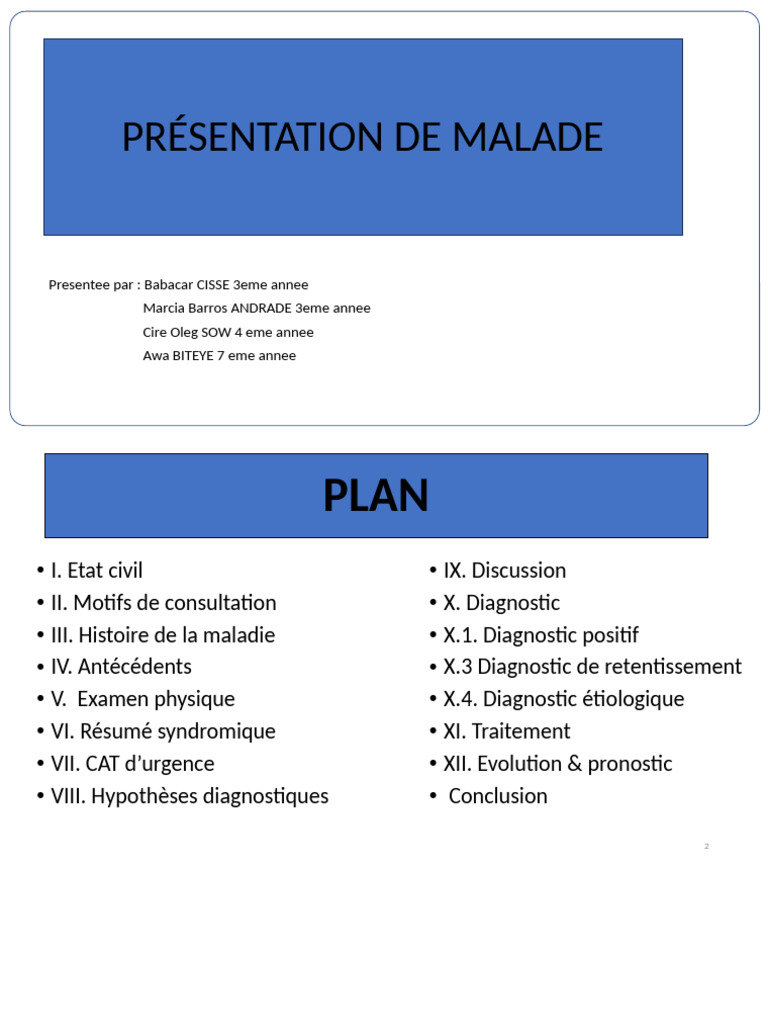PRÉSENTATION DE MALADE v2 | PDF | Médecine clinique | Spécialités médicales