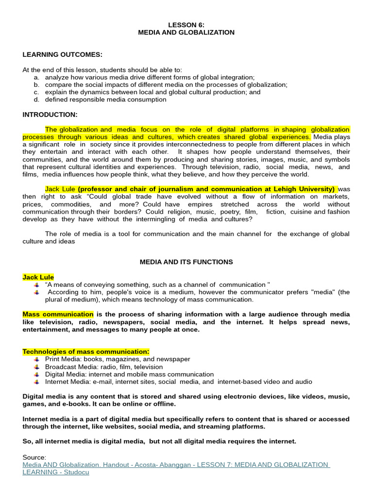 Lesson 6 Media and Globalization | PDF | Media (Communication) | Mass Media
