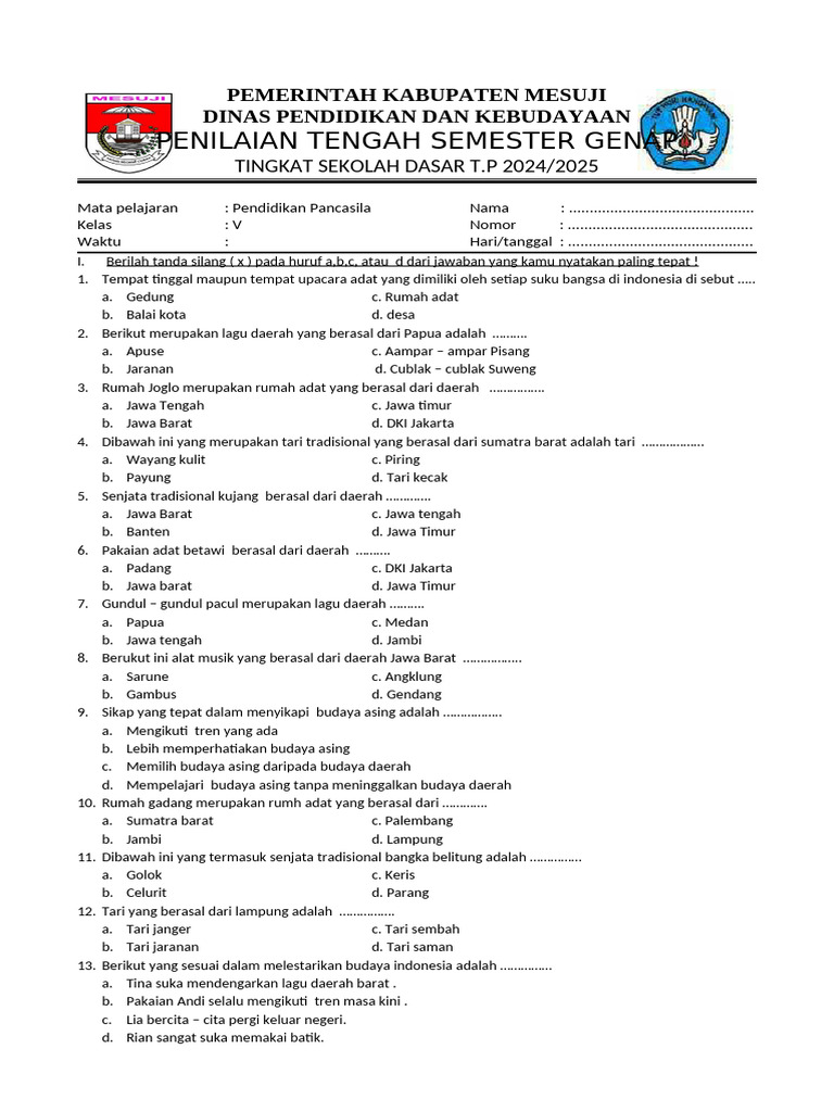 Soal PTS PKN Kelas 5 Kurikulum Merdeka | PDF