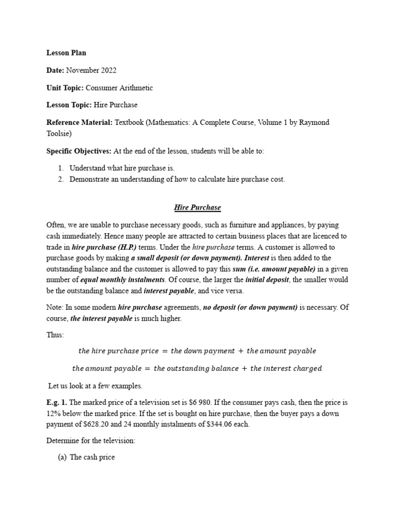 Grade 9 Lesson 8 Hire Purchase | PDF | Prices | Interest