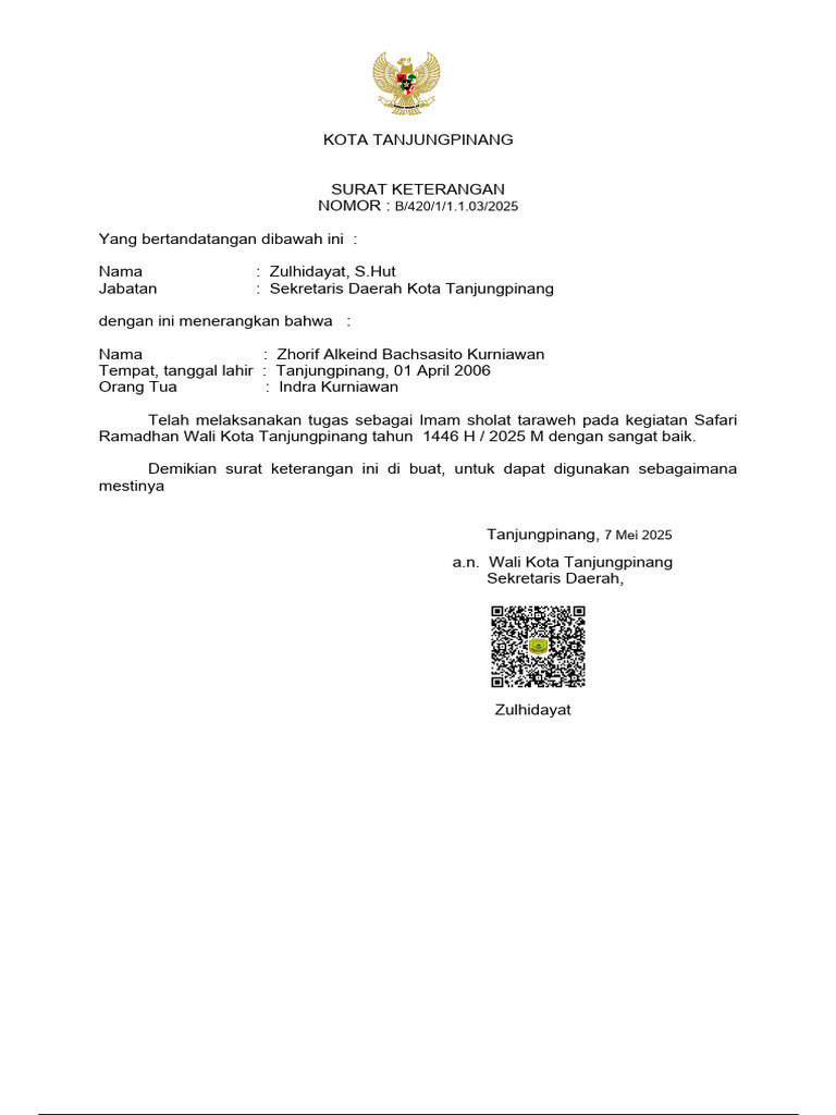 Surat Keterangan Kop Wali Kota TTD Sekda An Zhorif Tte | PDF