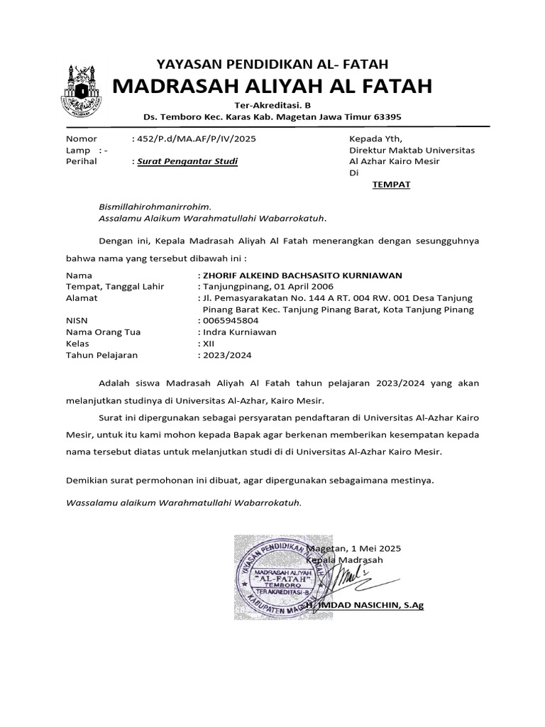 Surat Pengantar Studi Zhorif ke Al-Azhar | PDF