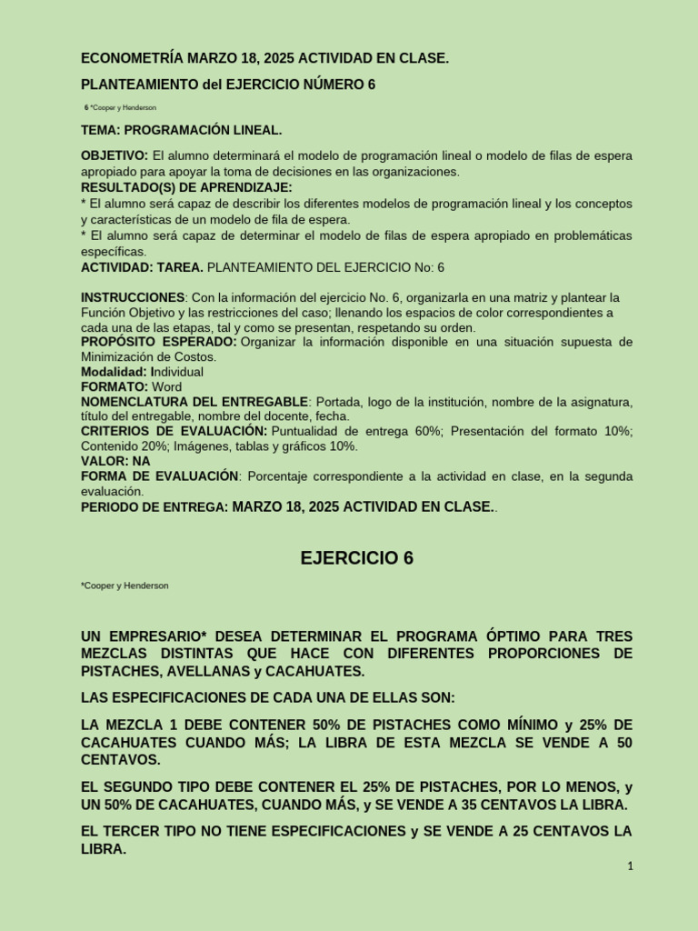 ECONOMETRÍA MARZO 18, 2025 ACTIVIDAD EN CLASE. Ejercicio 6 Planteamiento | PDF | Programación ...