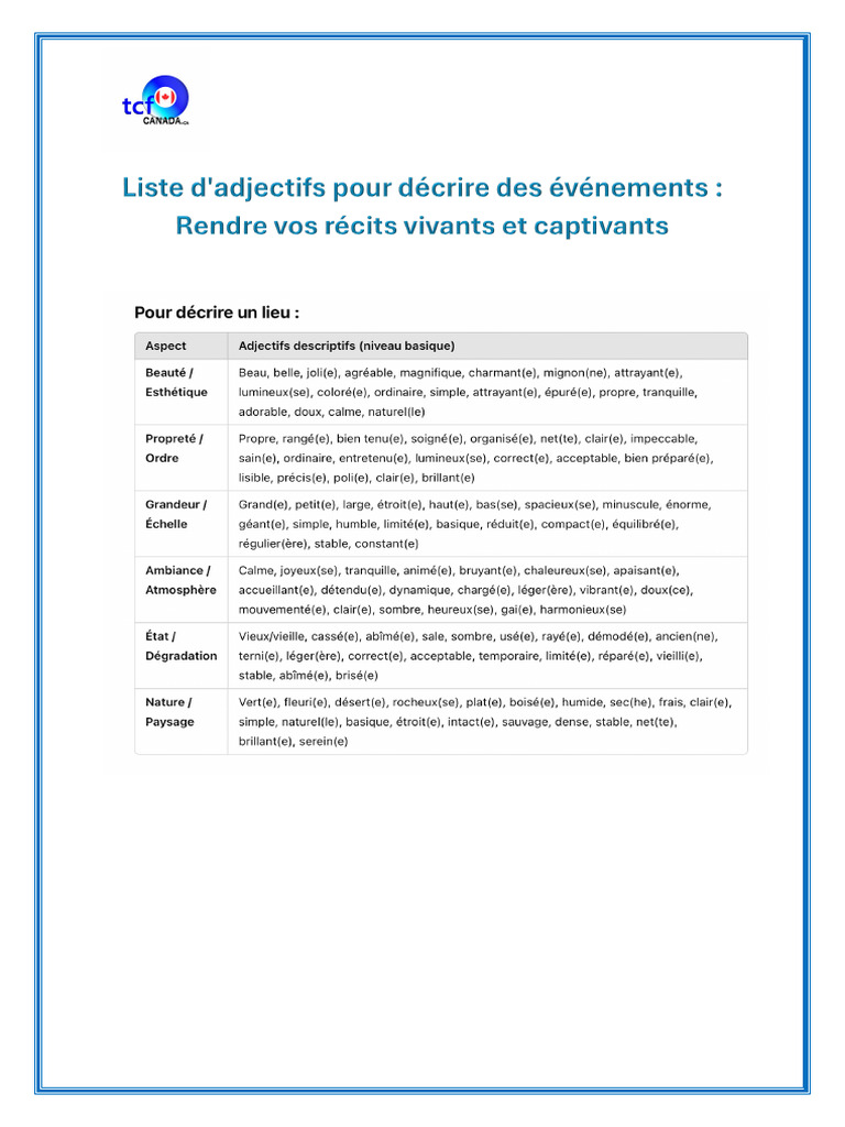 Adjectifs pour décrire des événements | PDF