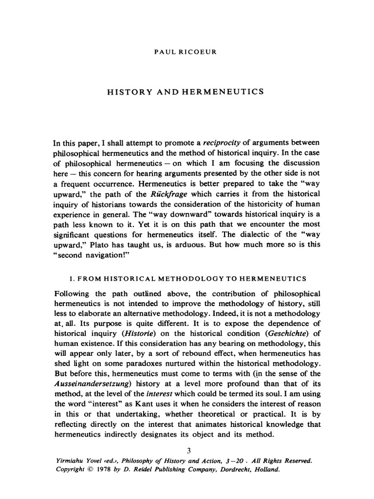 Ricoeur HISTORY AND HERMENEUTICS 1978 | PDF | Experience | Hermeneutics