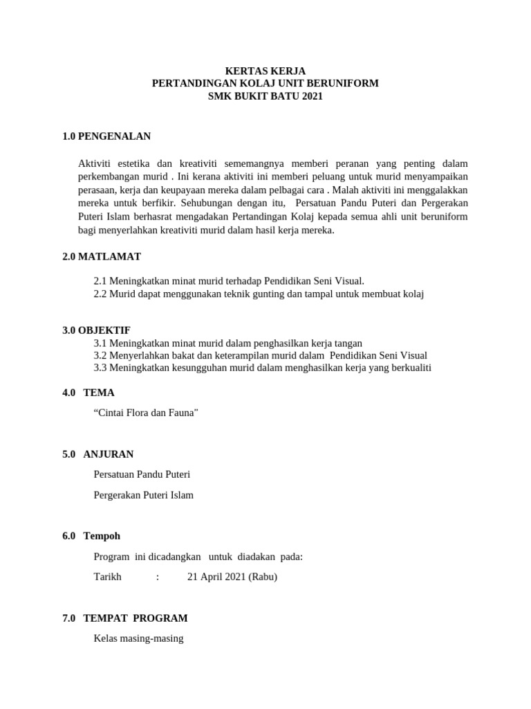 Kertas Kerja Pertandingan Kolaj 2021 | PDF