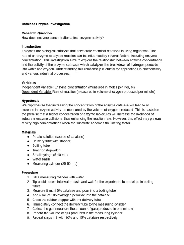 Catalase Enzyme Investigation | PDF | Enzyme | Catalase