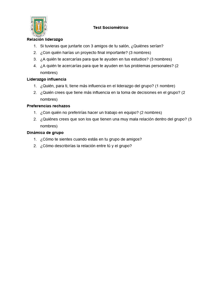 Test Sociométrico de Liderazgo y Dinámica de Grupo | PDF