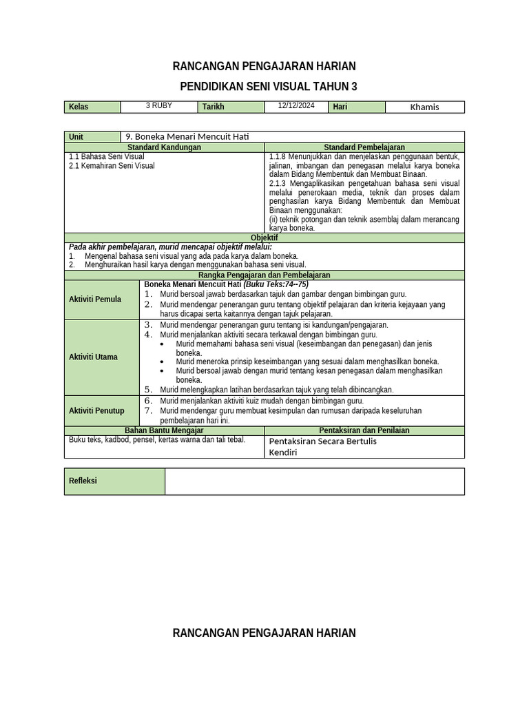 Rancangan Pengajaran Harian Pendidikan Seni Visual Tahun 3: Khamis 9 ...