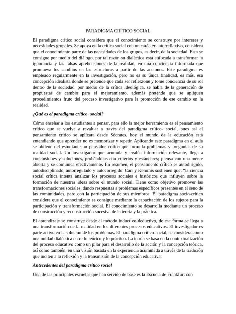 Paradigma Crítico Social y Educación | PDF | Escuela de Frankfurt ...