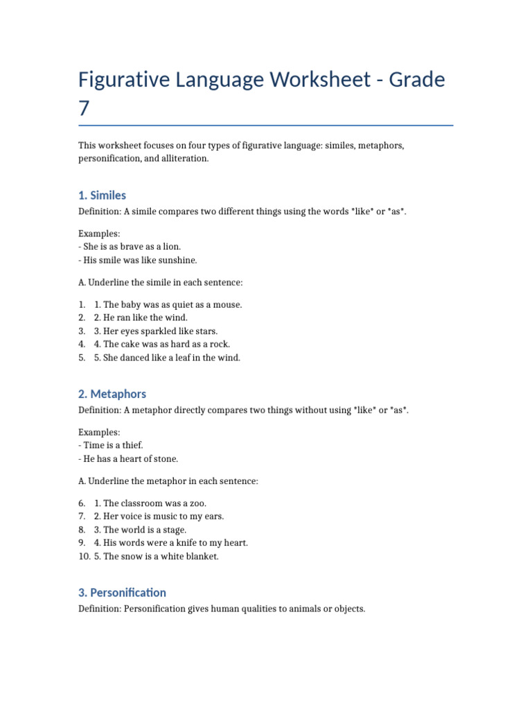 7th Grade Figurative Language Worksheet | PDF
