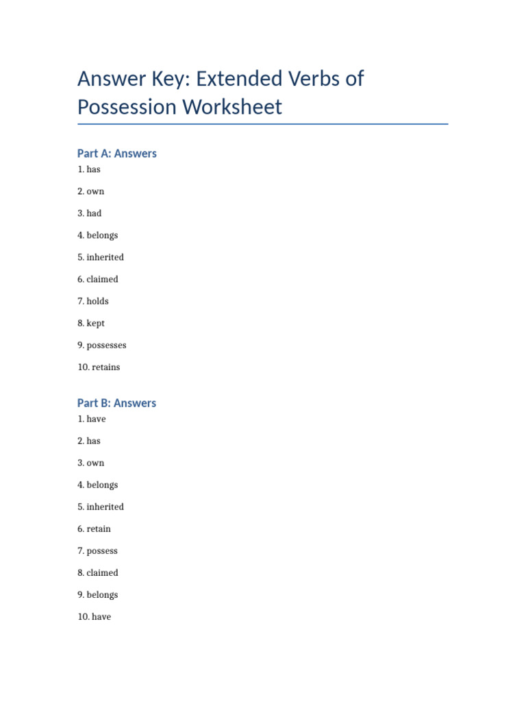 Extended Verbs of Possession Answer Key | PDF