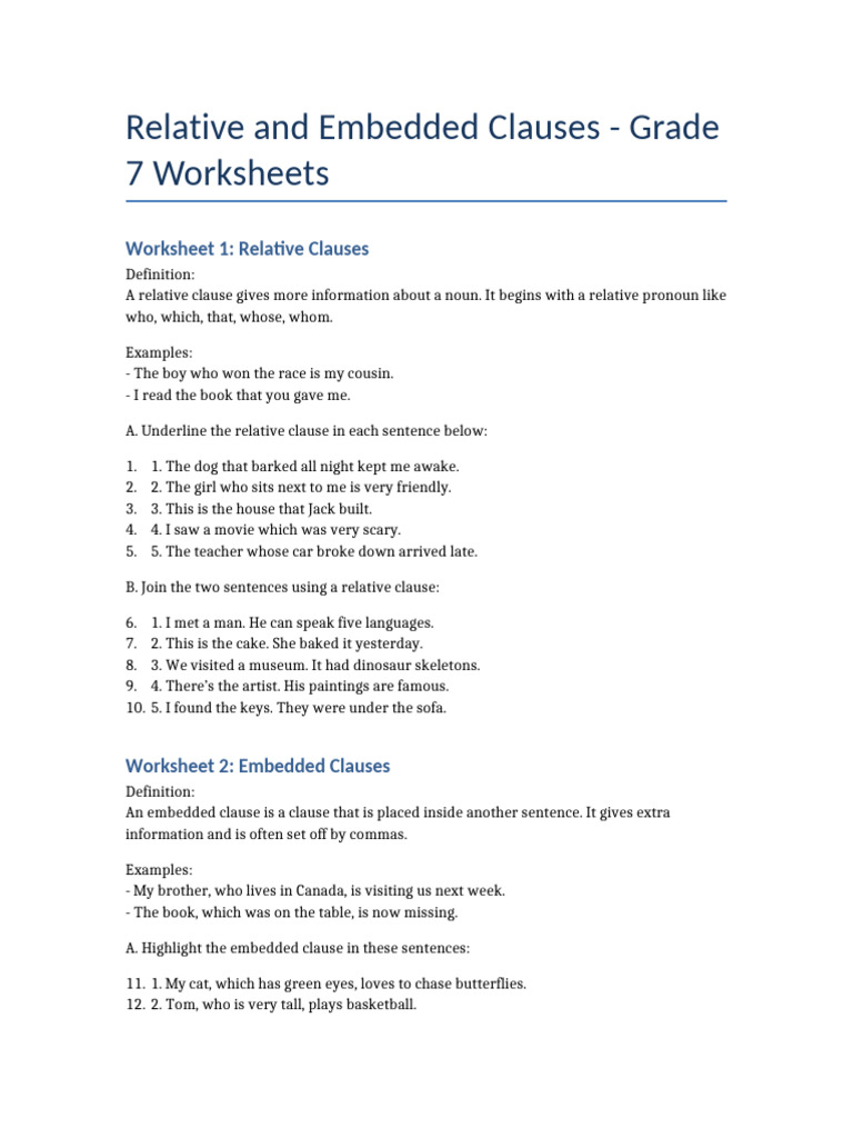 Grade 7 Relative and Embedded Clauses Worksheet | PDF | Clause | Grammar