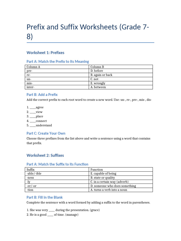 Prefix Suffix Worksheet Grade7 8 | PDF