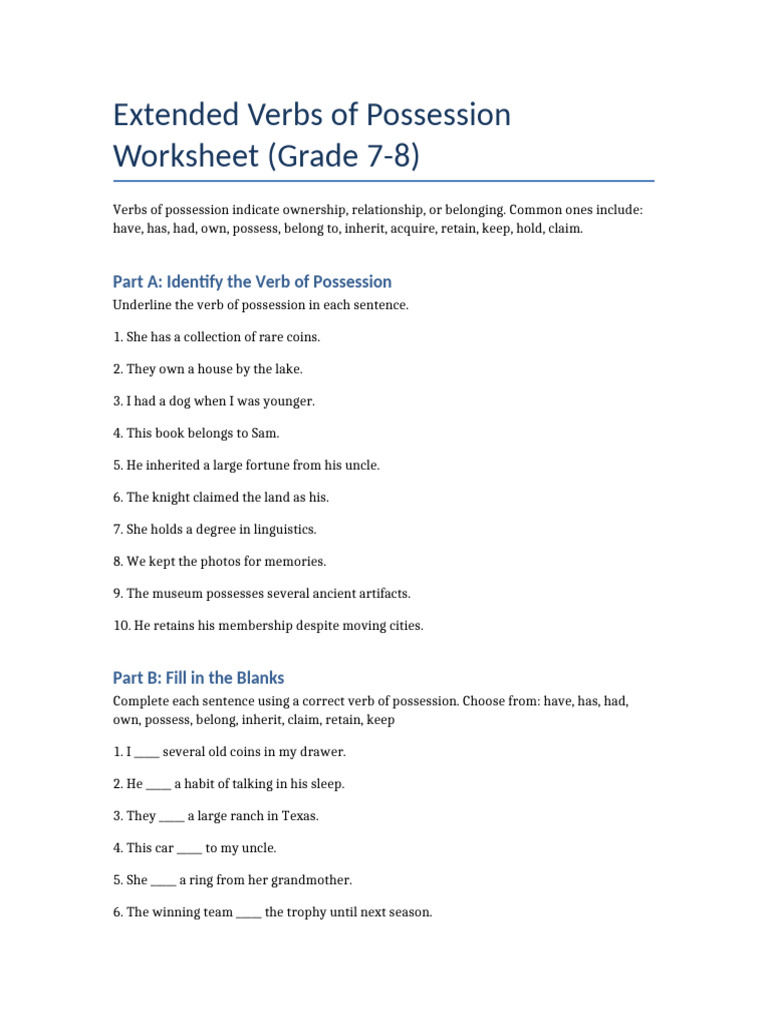 Extended Verbs of Possession Worksheet | PDF