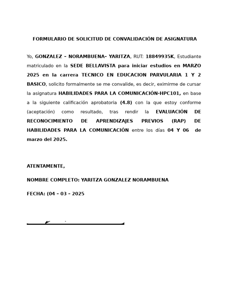 Formulario de Solicitud de Convalidación Asignatura HPC101 2025 | PDF