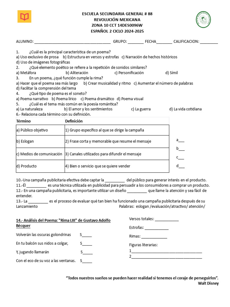 Examen Bloque I Español 2 Imprimir | PDF | Poesía