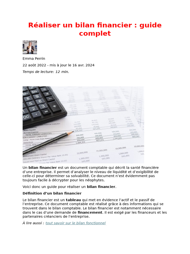 Réaliser Un Bilan Financier - Guide Complet | PDF | Bilan comptable ...