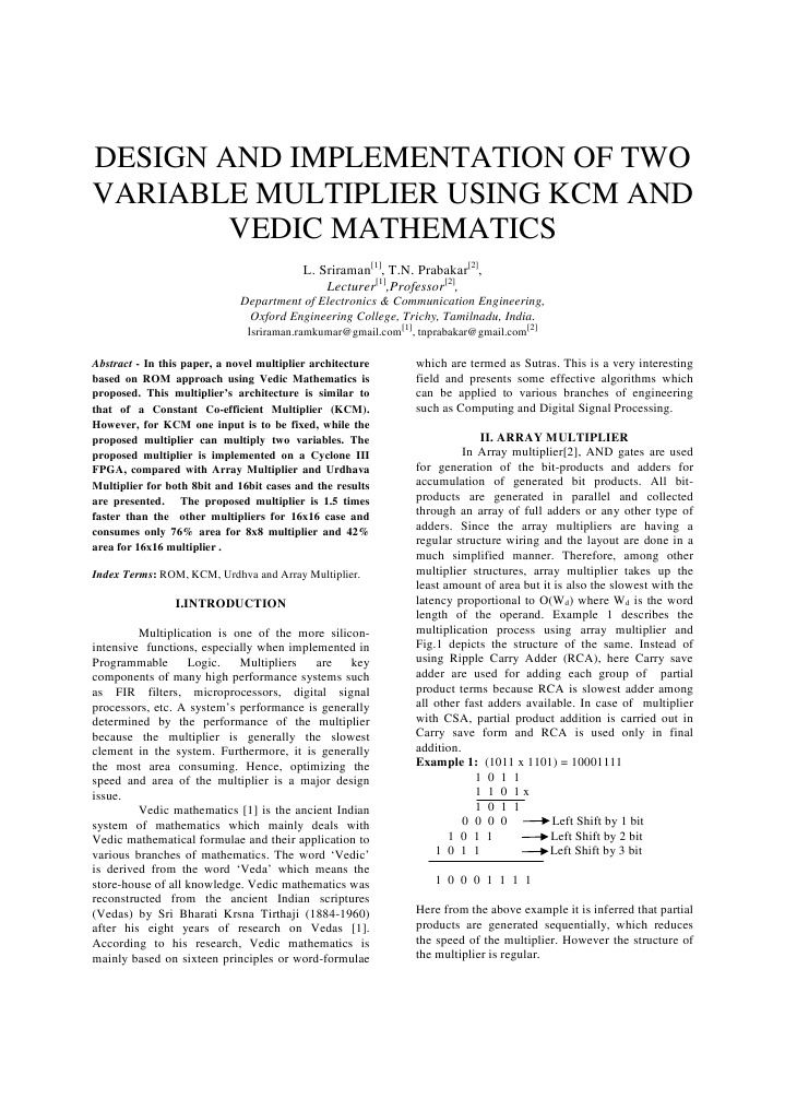 Design and Implementation of Two Variable Multiplier Using KCM and Vedic Mathematics | PDF ...