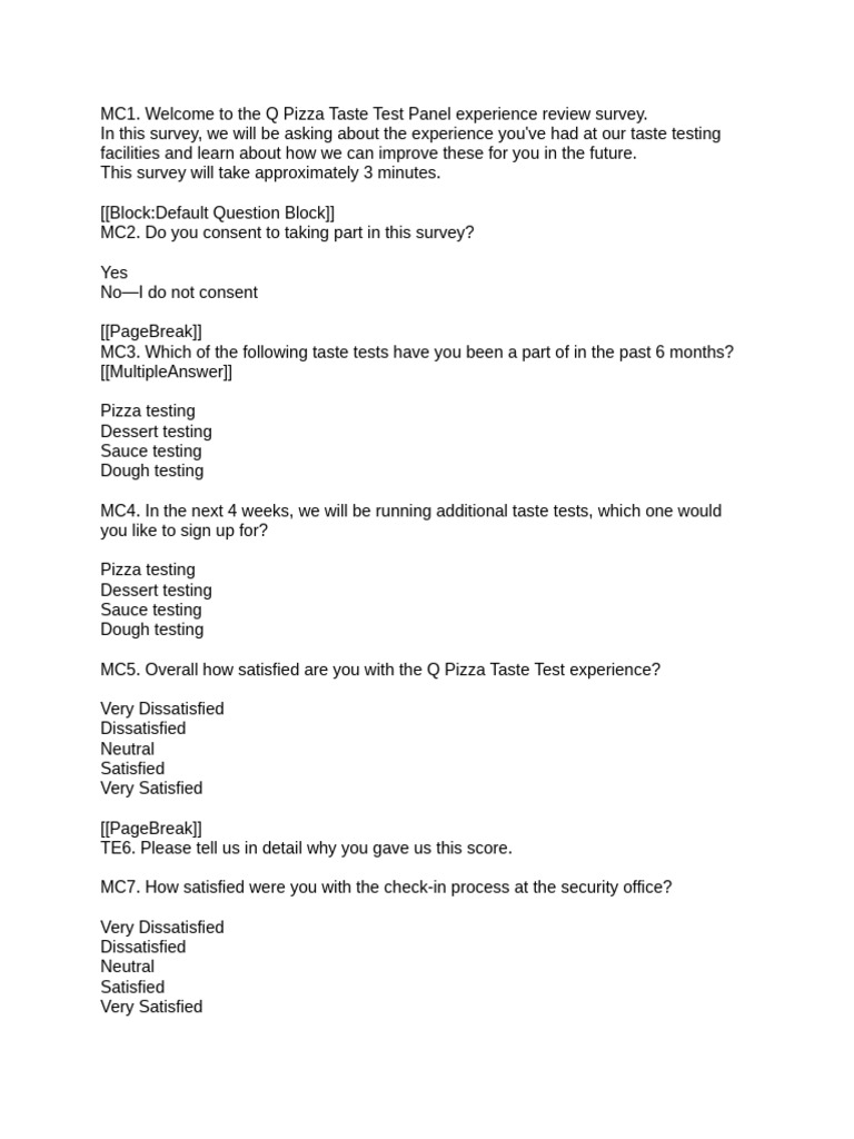 Q Pizza Taste Test Experience Survey | PDF
