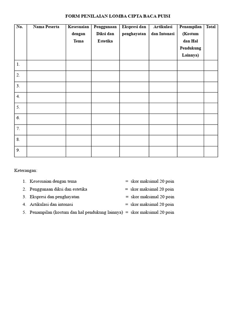 Form Penilaian Juri Lomba Cipta Baca Puisi | PDF