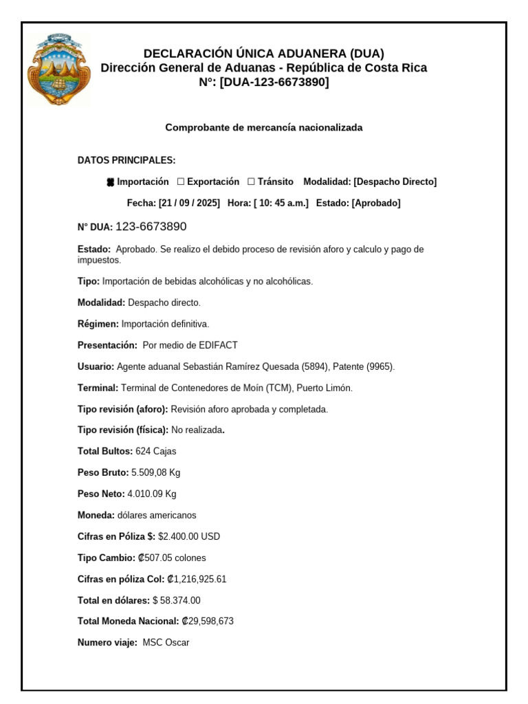 DUA Importación de Bebidas Costa Rica | PDF