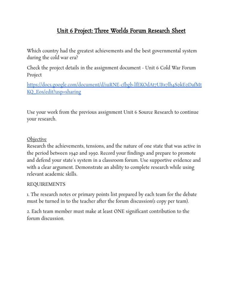 Unit 6 Cold War Forum Research Sheet. Marcus, Andrew | PDF | East ...