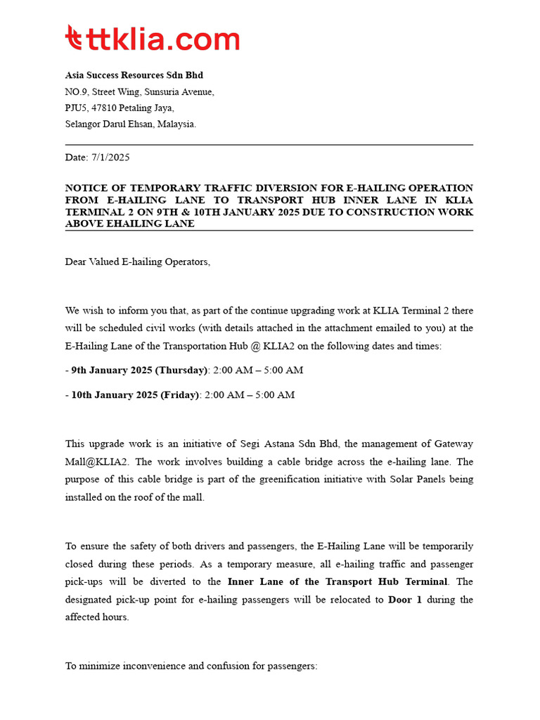 KLIA2 E-Hailing Lane Diversion Notice | PDF