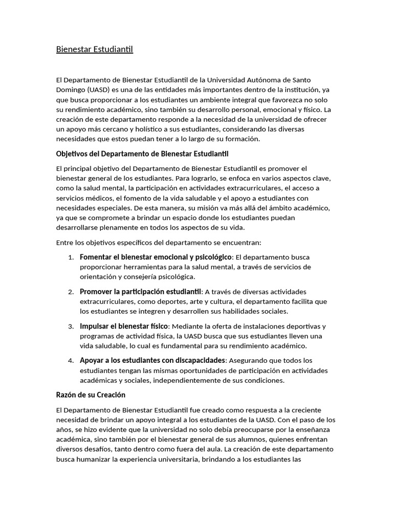 Bienestar Estudiantil | PDF | Sicología | Bienestar