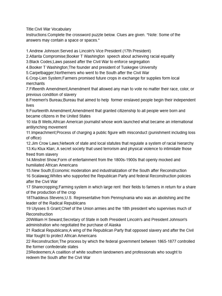 Civil War Crossword PDF | PDF | Reconstruction Era | American Civil War