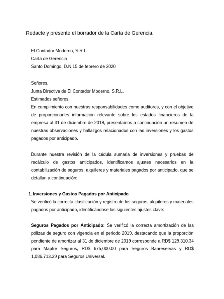 Borrador de La Carta de Gerencia - Docx ManuelLluberes | PDF | Contabilidad | Estado financiero
