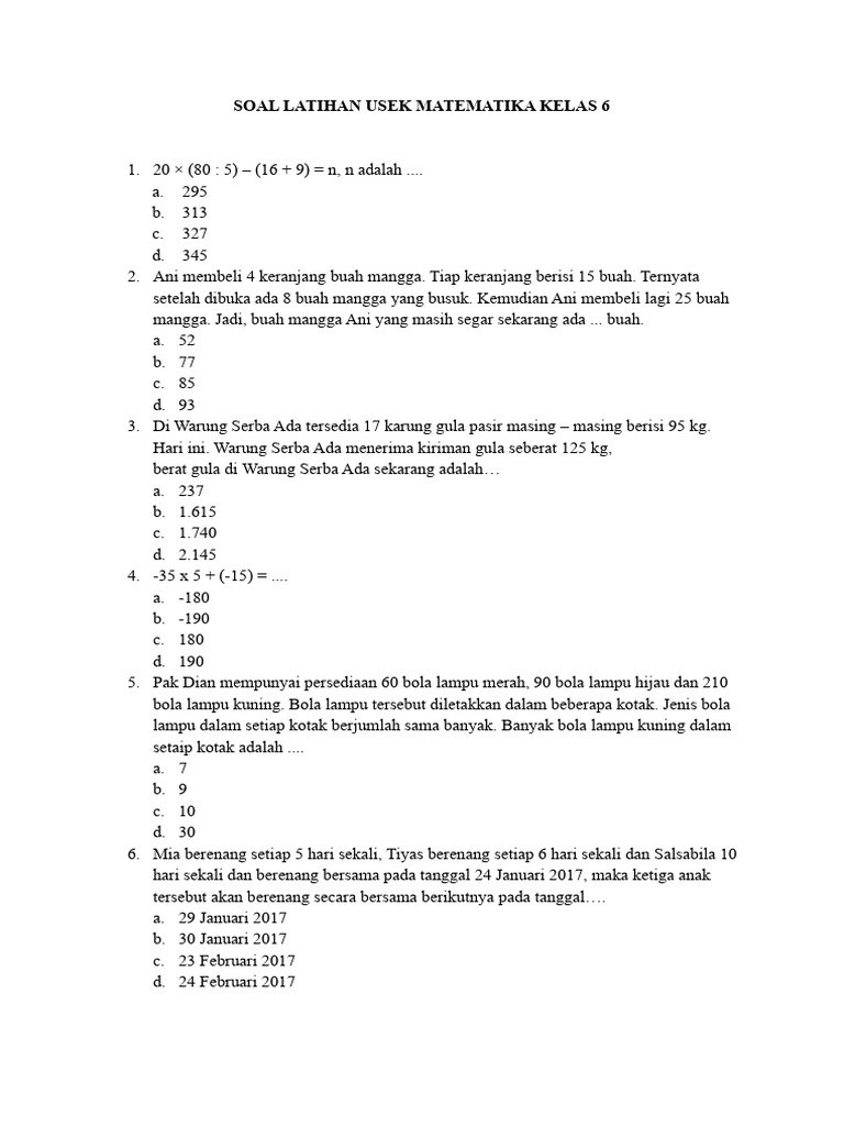 Soal Latihan Usek Matematika Kelas 6 | PDF
