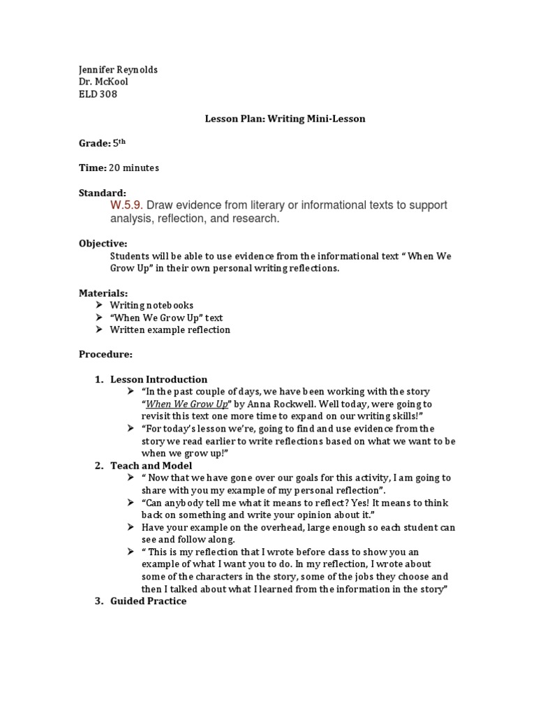 Lesson Plan: Writing Mini-Lesson Grade: 5 Time: 20 Minutes Standard ...