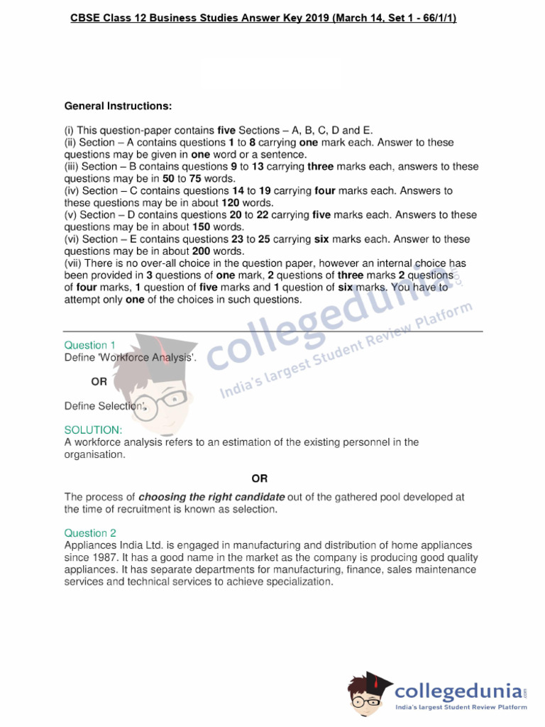CBSE Class 12 Business Studies Answer Key 2019 (March 14, Set 1 - 66/1 ...