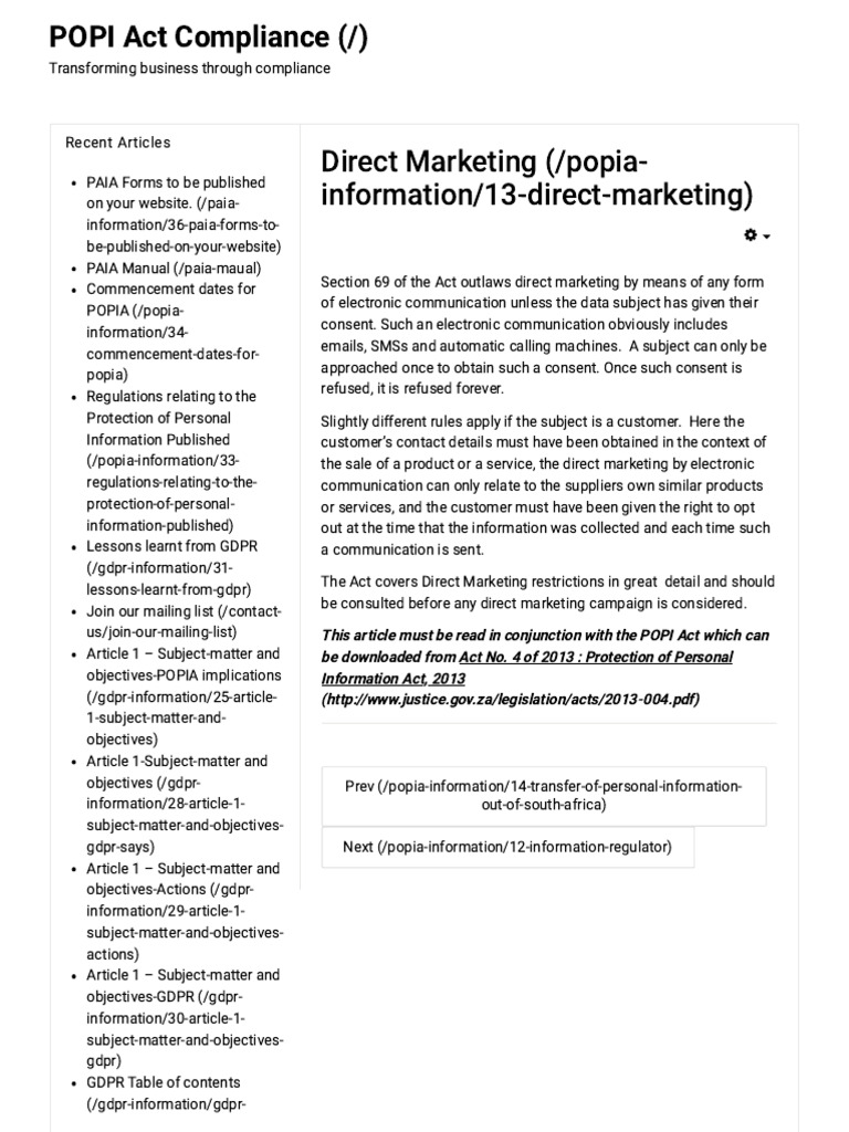 Direct Marketing - Privacy Laws - POPI Act | PDF | Direct Marketing